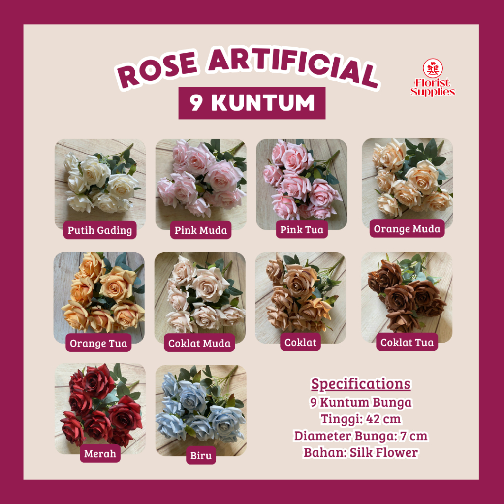 Jual BUNGA MAWAR ARTIFICIAL 9 CABANG PREMIUM MAWAR PALSU ROSE ...