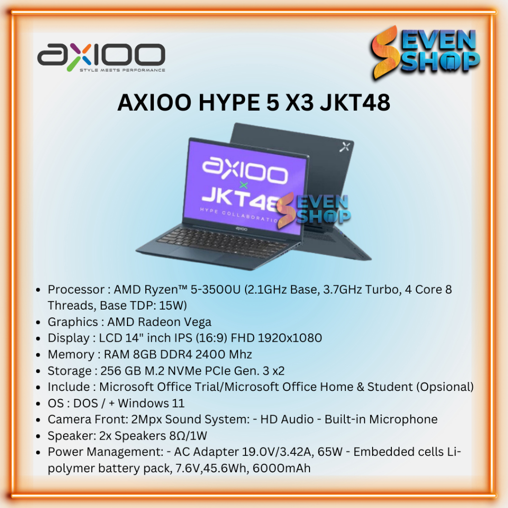 Jual LAPTOP AXIOO HYPE 5 X3 JKT48 BLUE RYZEN 5-3500, RAM 8GB, SSD 256GB, W11, 14.0 FHD GARANSI ...