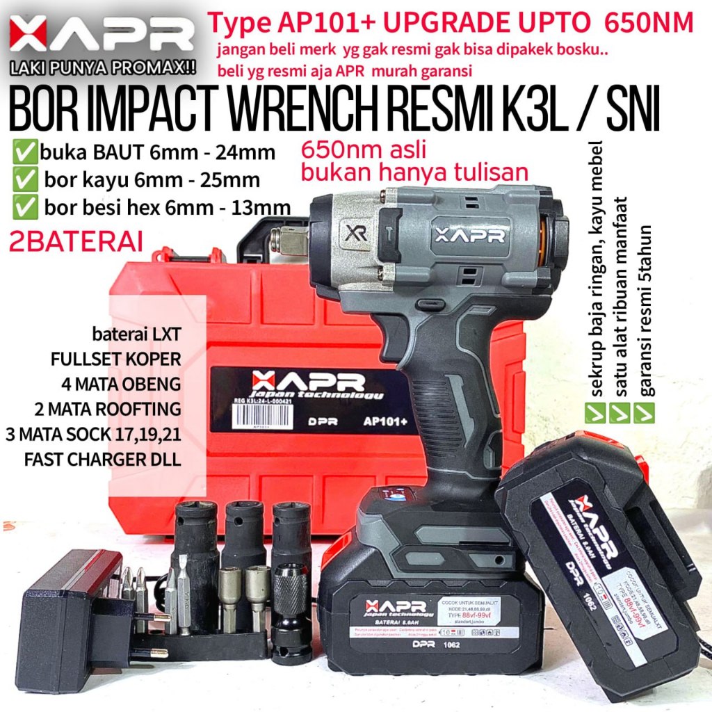 Jual APR JAPAN Bor Impact Wrench AP101+ 650NM 2 Baterai LXT Pembuka ...