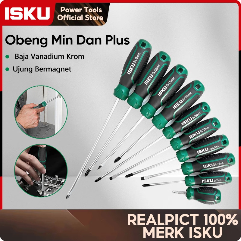 Jual ISKU Obeng Magnet Set Plus Minus Obeng Listirk Gangang Karet Anti ...