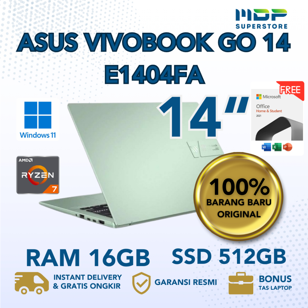 Jual LAPTOP ASUS VIVOBOOK GO 14 E1404FA-VIPS553M (GREEN GREY) AMD R5-7520U/16GB/512GB SSD/VIPS ...