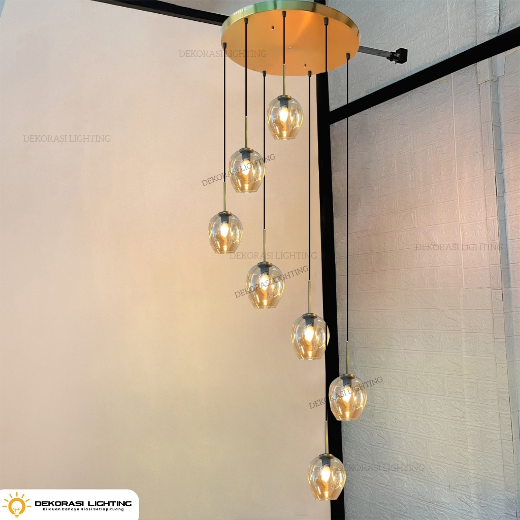Jual Lampu gantung void tangga minimalis 7in1 body gold kaca teh ruang tamu modern dekor ...
