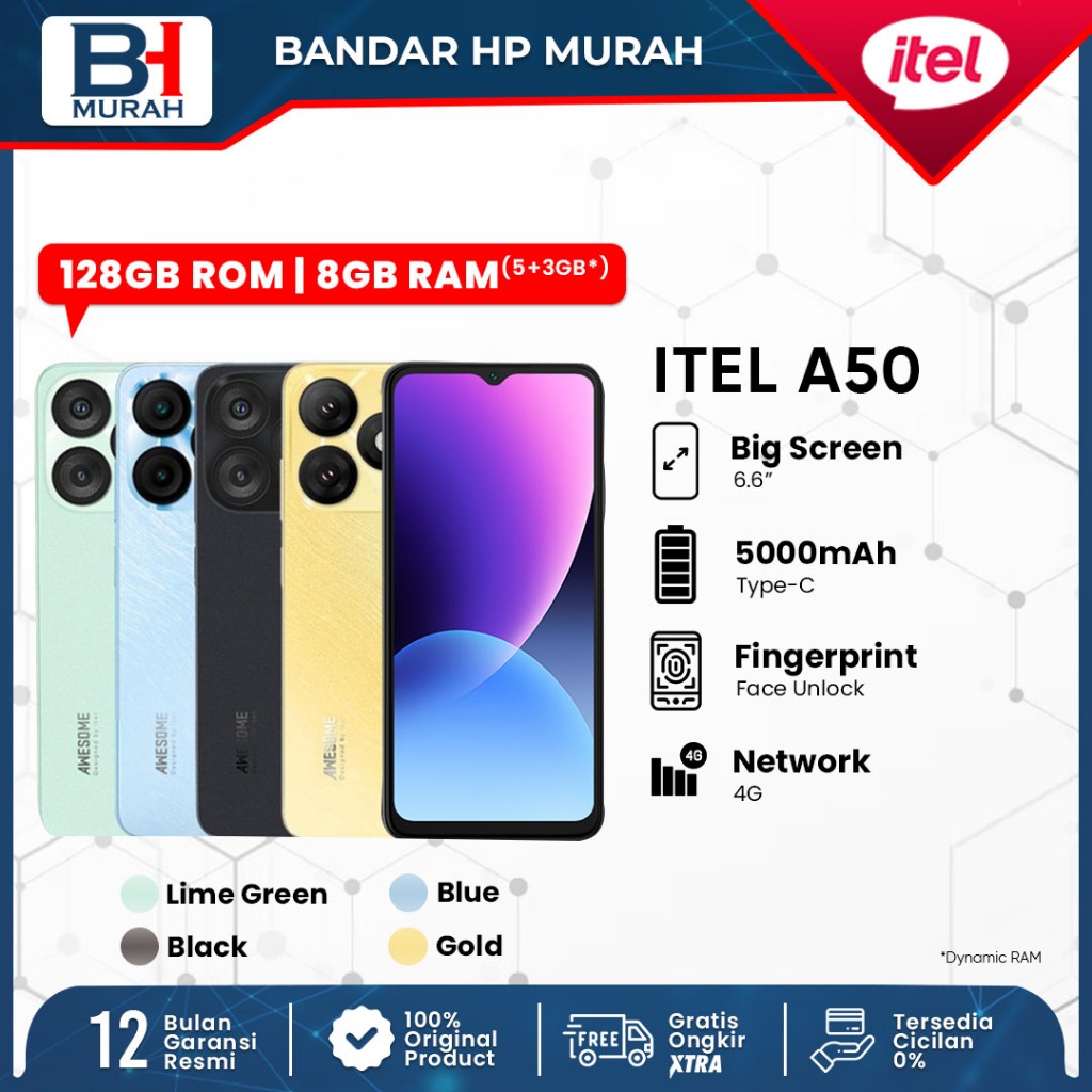 Jual Official Itel A50 RAM 3+128GB Octa-Core Processor - 6'6" Big Screen with Dynamic Display ...
