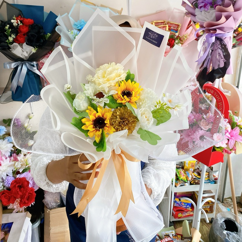 Jual BUKET BUNGA MIX ARTIFICIAL/BUKET BUNGA PALSU/BUKET BUNGA MAWAR MATAHARI PEONY TULIP/BUKET ...