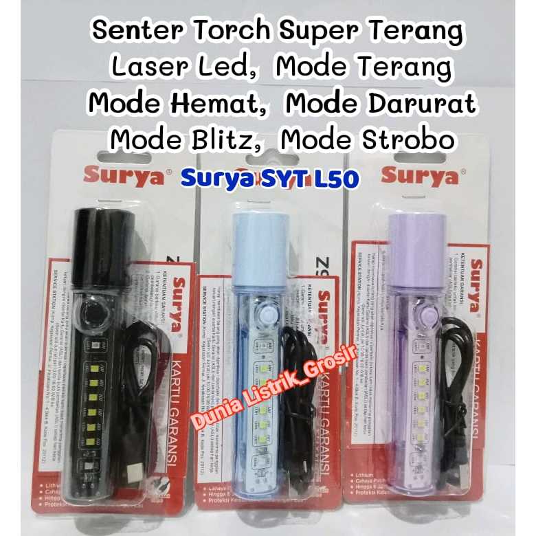 Jual Senter Tangan SURYA Torch Laser LED, Zoom Super Terang, Mode Terang, Mode Hemat SURYA SYT ...