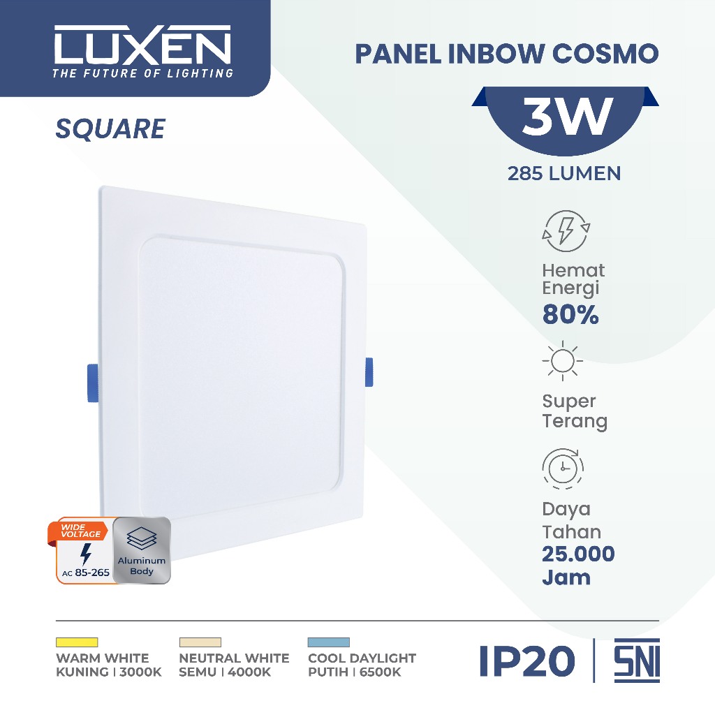Jual Luxen Downlight LED Panel Inbow Persegi 3 Watt Cahaya Putih dan ...
