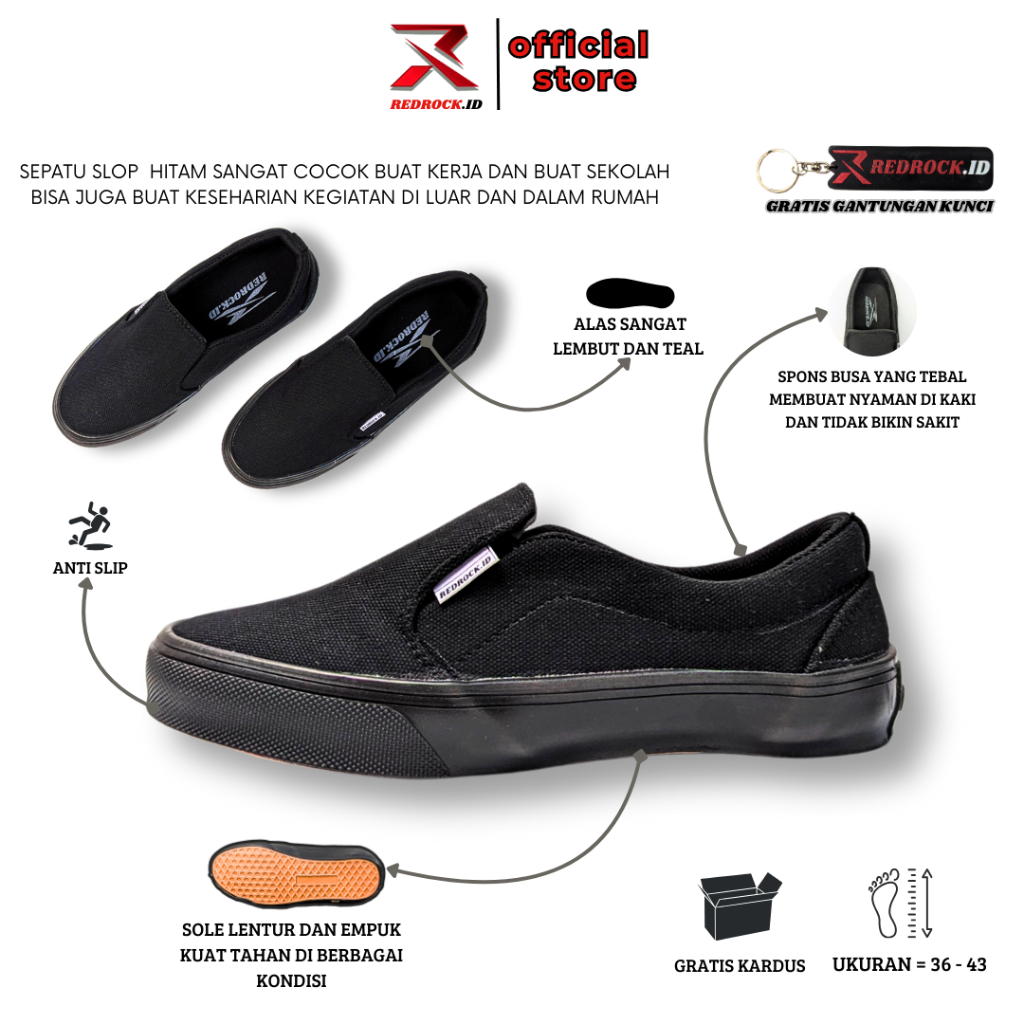 Jual Sepatu Slop Slip On Hitam Polos Sneakers Kerja | Sekolah | Pria | Wanita | Full Black ...