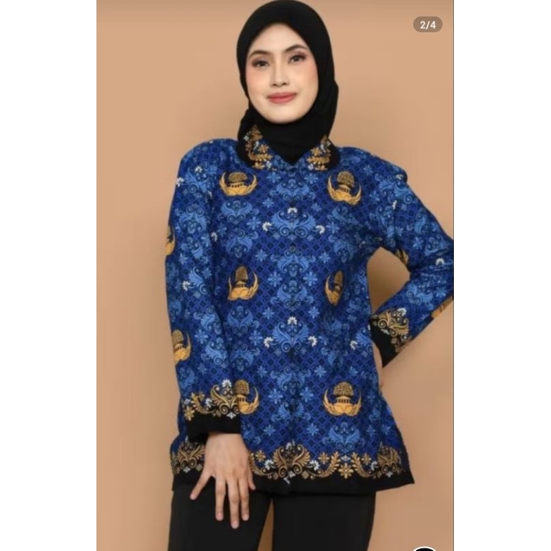 Jual Batik kemeja Korpri wanita terbaru kerah hitam full puring bahan katun 40s | Shopee Indonesia