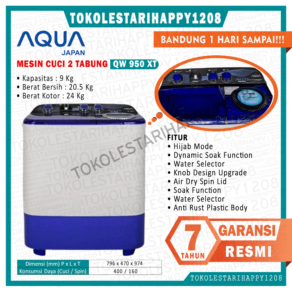 Jual MESIN CUCI 2 TABUNG 9 KG AQUA QW-980/950/960/961 XT Hijab Series Murah Garansi Resmi ...