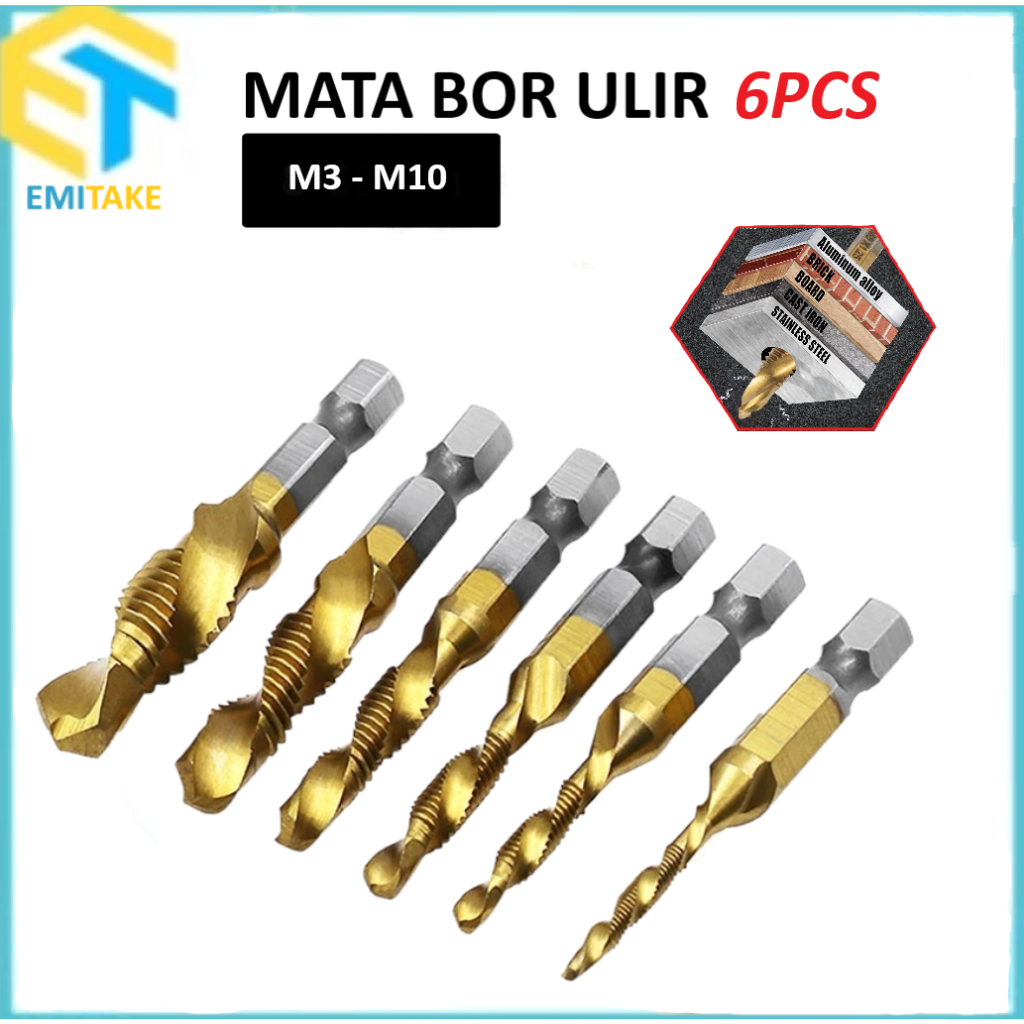 Jual Mata Bor Pembuat Ulir Drat Drill Set 6PCS Tap Set Hex Twist Spiral ...