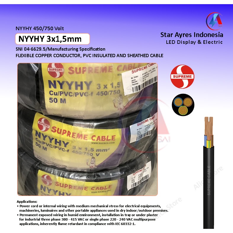 Jual KABEL NYYHY / NYMHY 3x1,5 MM SUPREME / KABEL SERABUT NYYHY 3X1,5MM | Shopee Indonesia