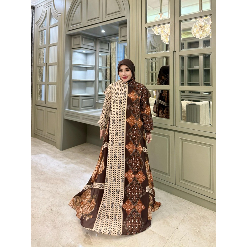 Jual SHELLASAUKIA GAMIS PRINTING MONOGRAM BATIK SETHIJAB | Shopee Indonesia