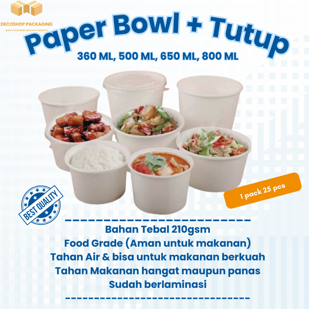 Jual Paper Bowl putih Kertas polos dengan tutup + Lid 360 500 650 800 ...