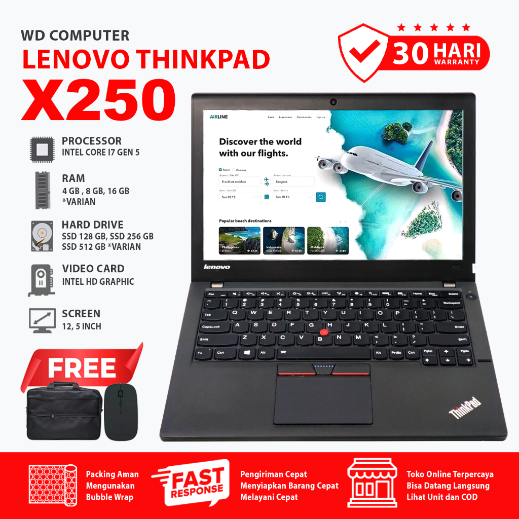 Jual Laptop Lenovo Thinkpad X250 Intel Core i7 Gen 5 RAM 8GB SSD 256GB ...