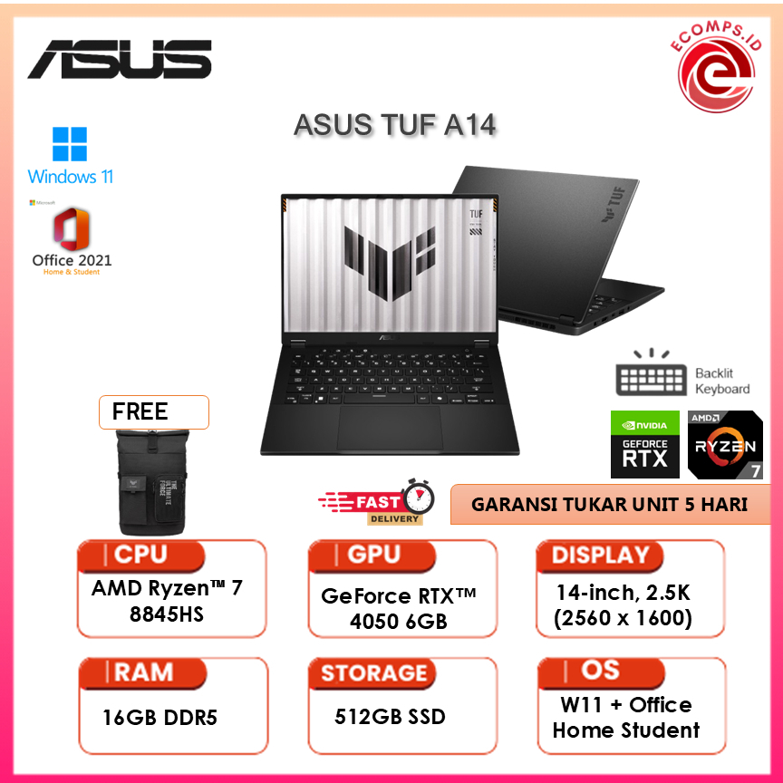 Jual ASUS TUF Gaming A14 FA401UU Ryzen 7-8845HS RTX4060 16GB 512GB 14 ...