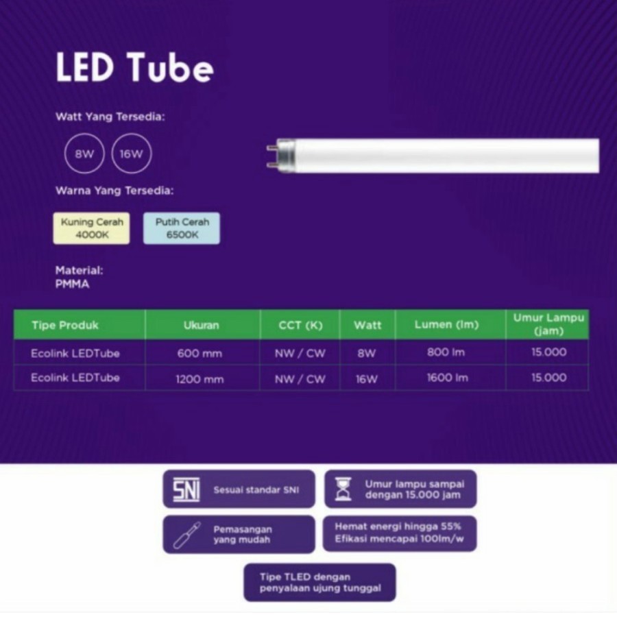 Jual Lampu TL LED Tube T8 16 watt 16w 16watt Ecolink (1200mm) | Shopee ...
