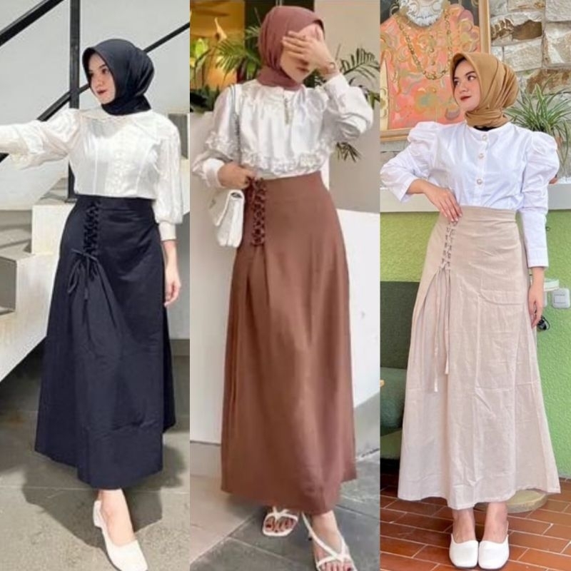 Jual Rok Korean Style Rok Wanita Serut Samping Bahan Linen Premium ...