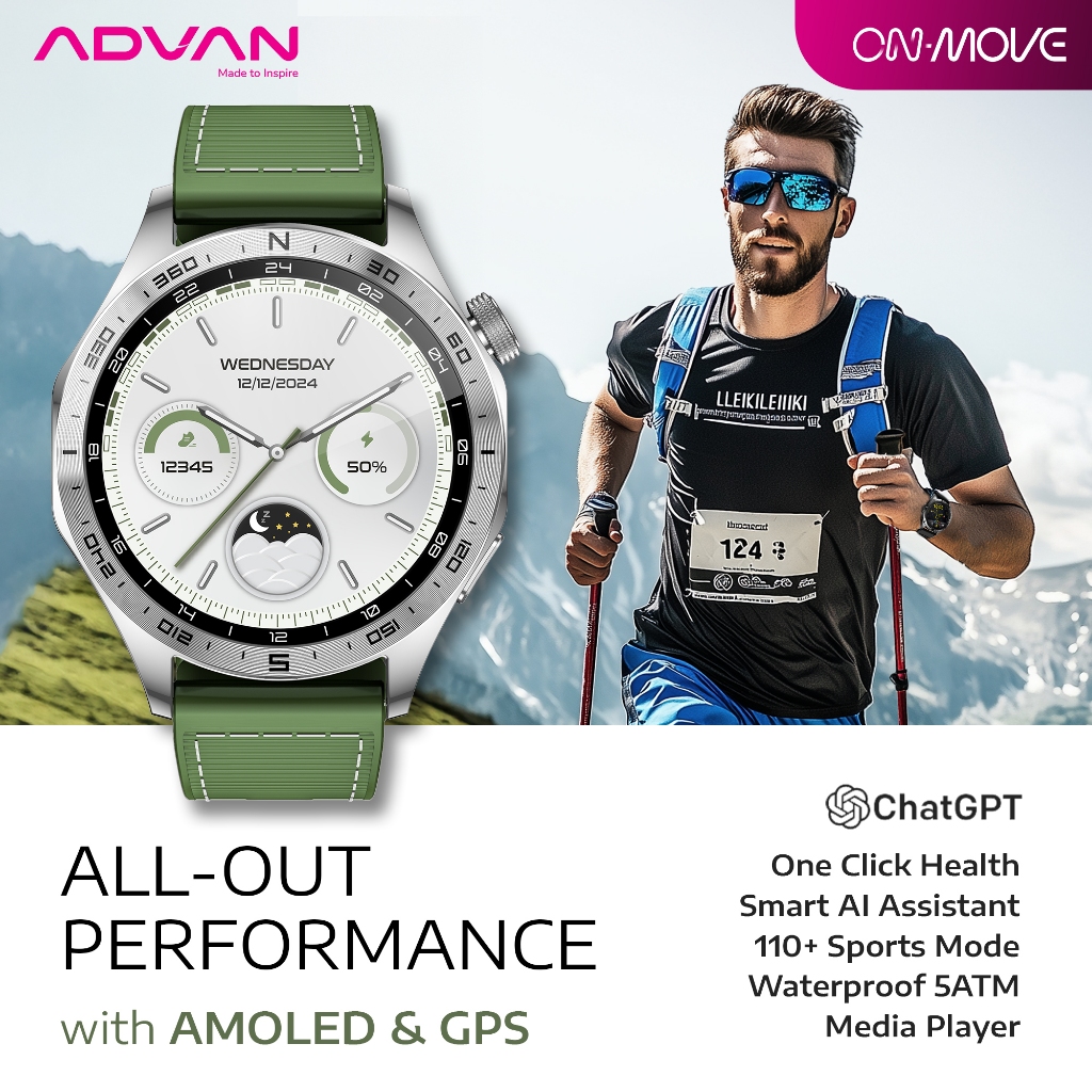 Jual ADVAN Smartwatch On Move GPS Ai Assistant Amoled 1.43" Bluetooth ...