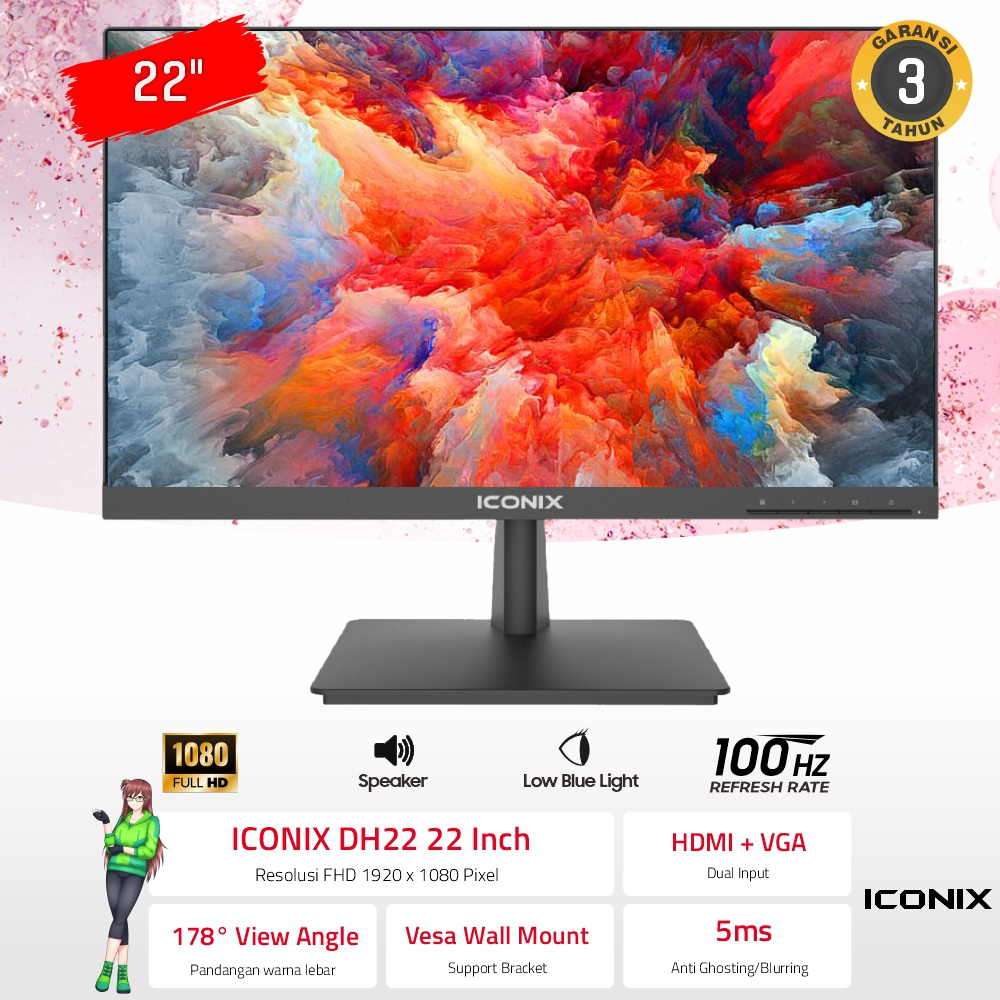 Jual Monitor LED 22 Inch Full HD Iconix DH22 100Hz Speaker HDMI VGA ...