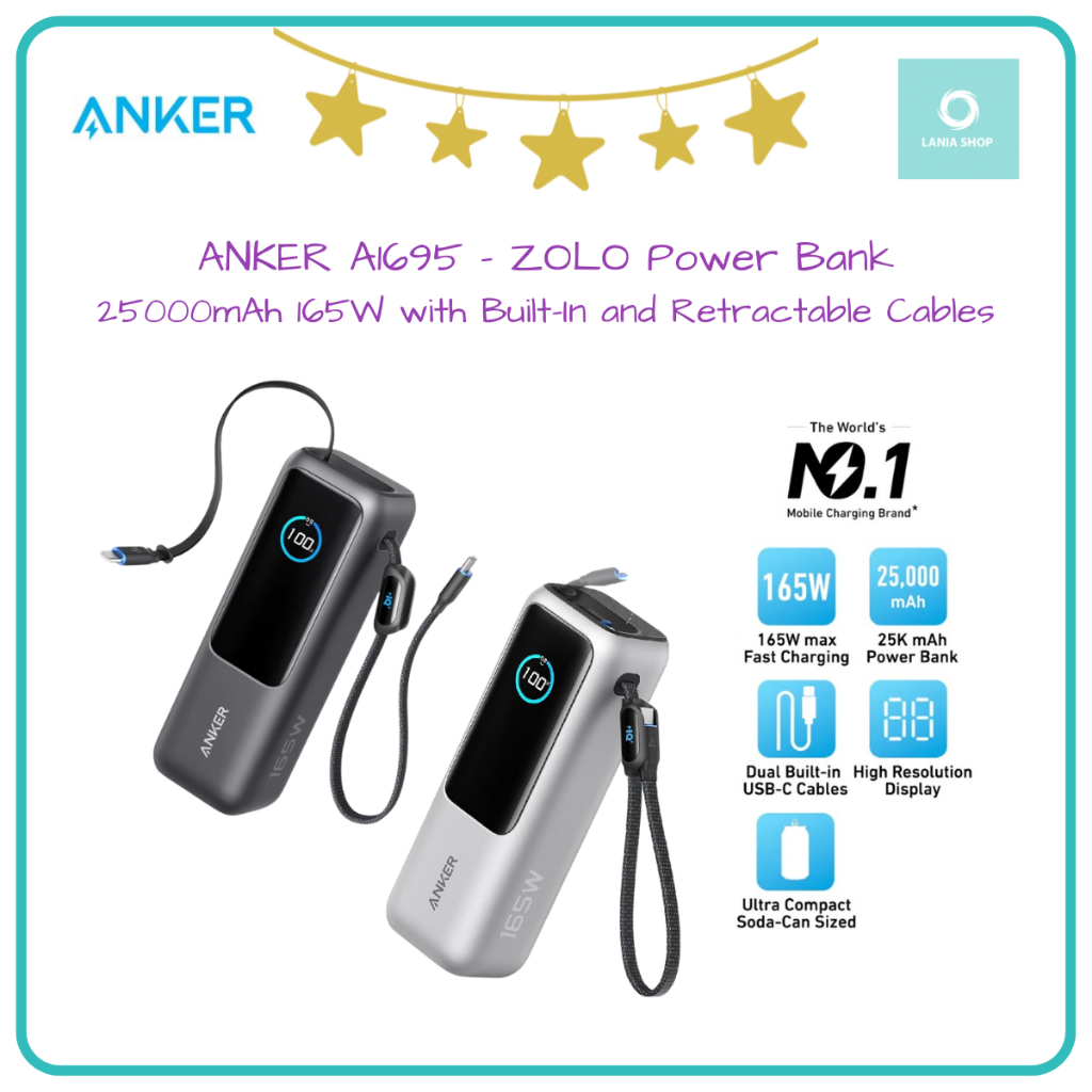 Jual ANKER A1695 - ZOLO Power Bank 25000mAh 165W with Built-In and Retractable Cables | Shopee ...