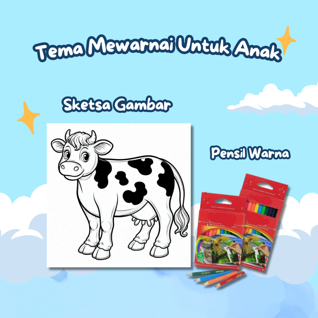 Jual Kertas Gambar Mewarnai Untuk Anak TK & Paud Tema : Sapi Isi 20 ...