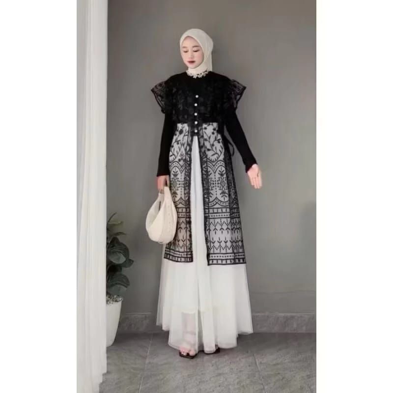 Jual Outer Brokat Olla Long Vest Kancing Brukat Kondangan Luaran Gamis ...