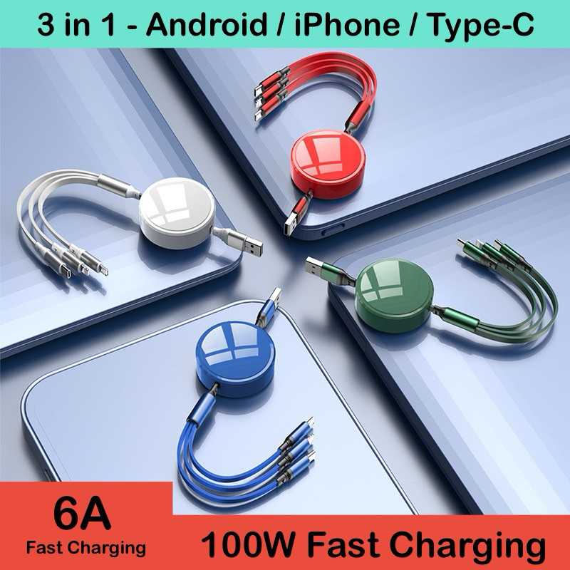 Jual Kabel Data HP 3 in 1 6A Quick Charge Android iPhone Type-C 100W Fast Charging Micro USB ...