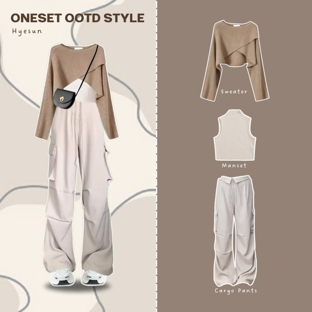 Jual Hyesun 1set outfit cewe 3in1 (sweater cross, manset, celana kargo) one set ootd remaja ...