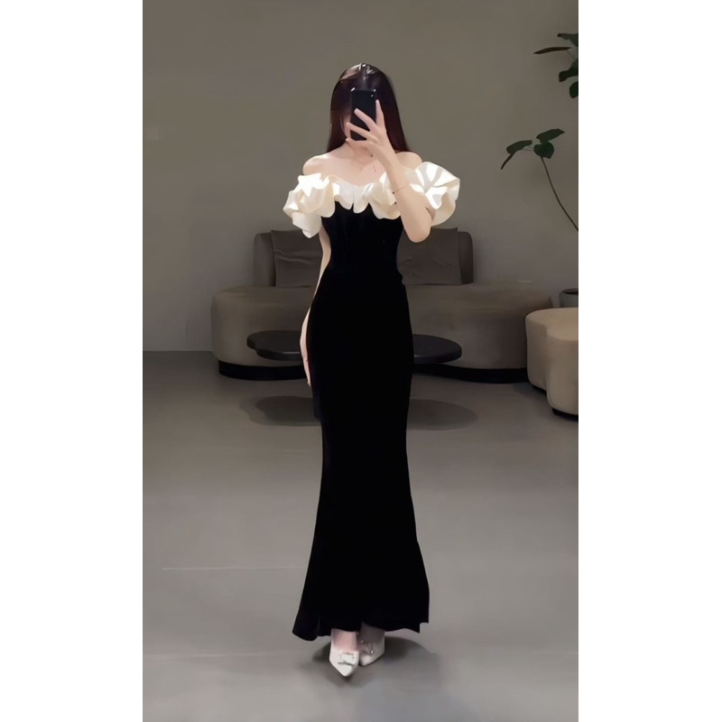 Jual Charmmyfashion 70923 Longdress Sabrina Flow Two Tone Gaun Dua ...