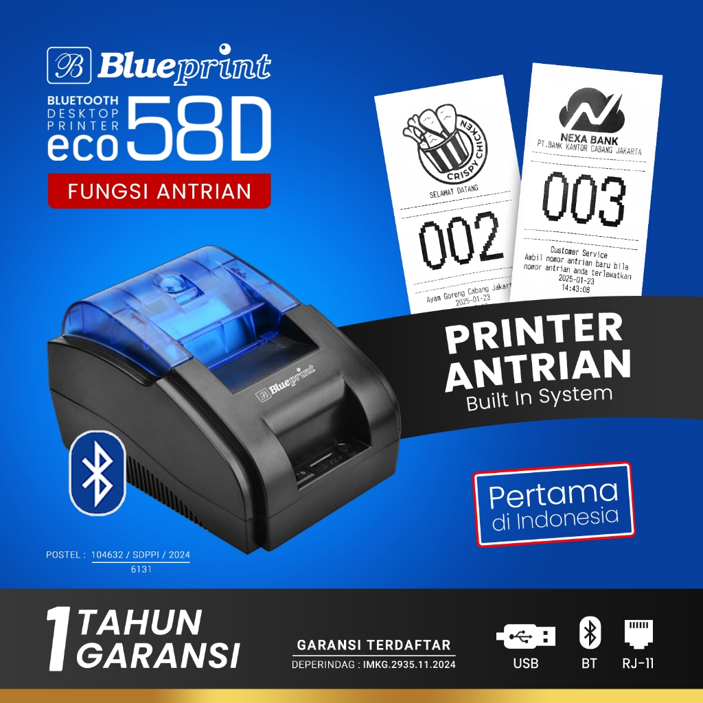 Jual Printer Antrian Thermal / Kasir Struk 58mm BLUEPRINT ECO58D - USB + BLUETOOTH + RJ11 ...