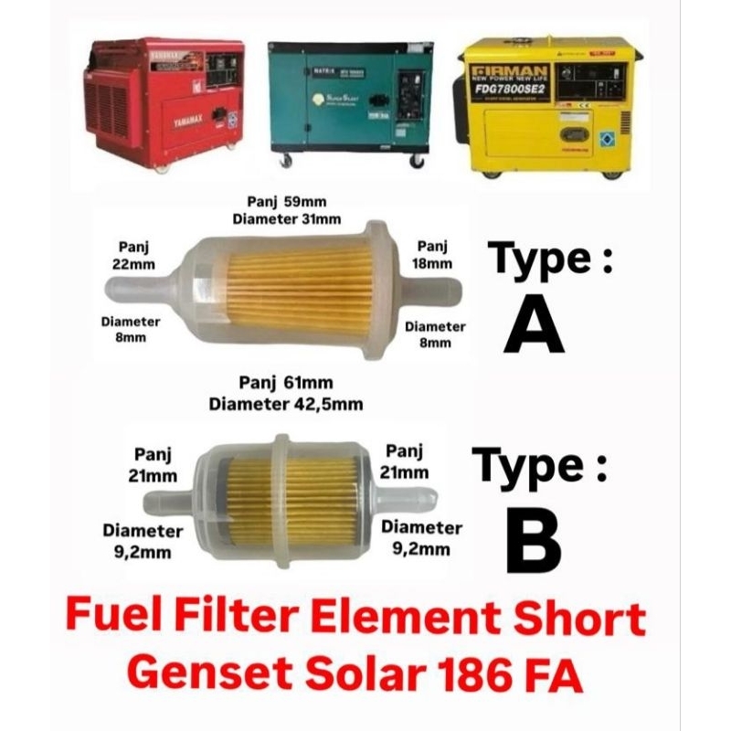 Jual ELEMENT fuel filter solar genset 186F 186FA 5kw 6kw PENDEK ...