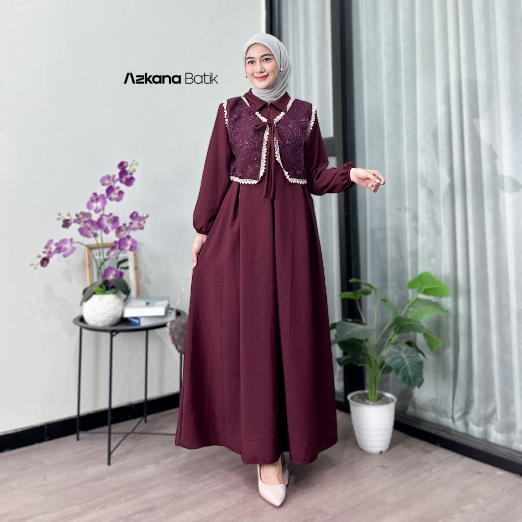 Jual Azkana Batik - KINAR Gamis Burgundy Terbaru Dress Syakila Premium Mix Brukat Kombinasi ...