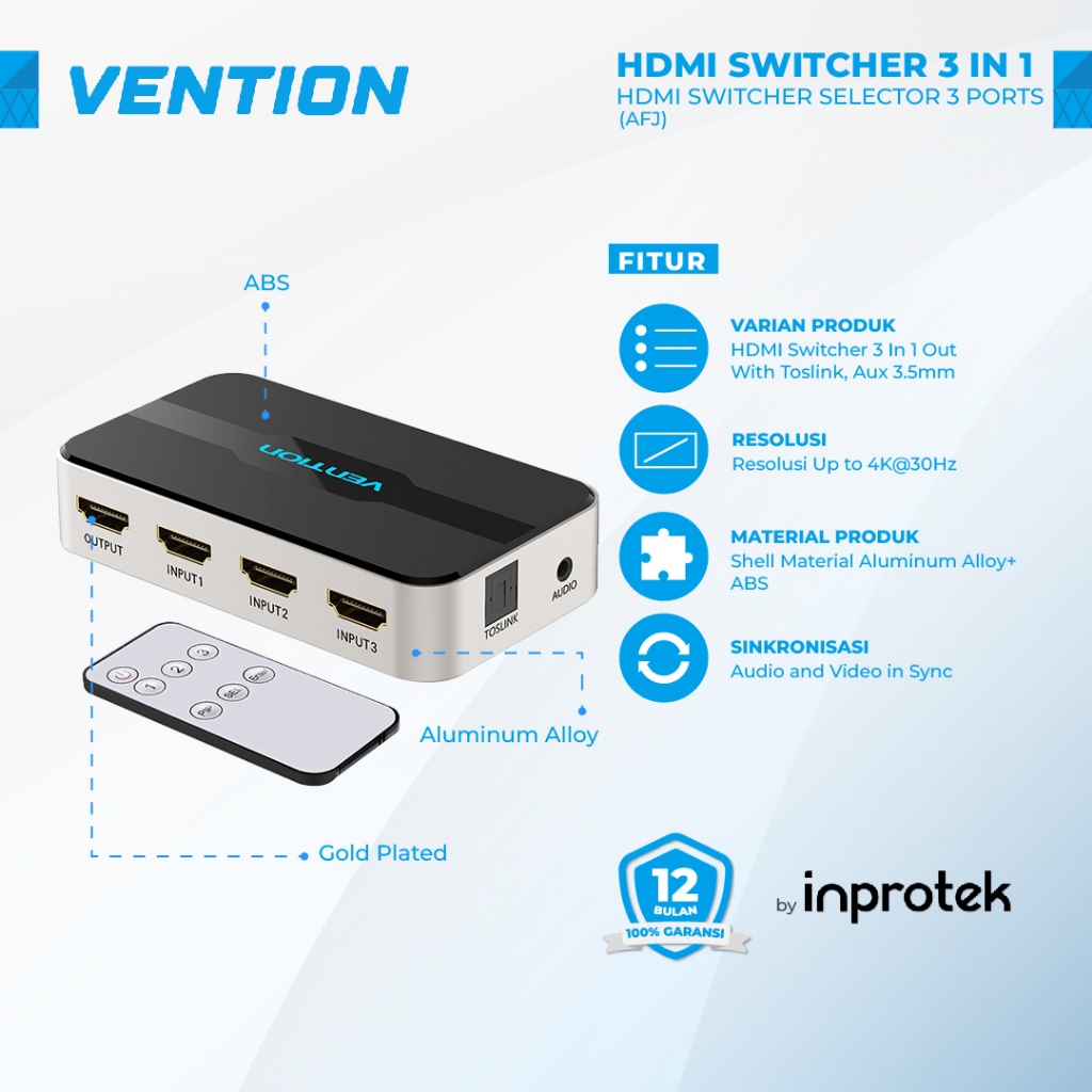 Jual Vention HDMI Switcher 3 in 1 out HDMI Switch Selector 3 Ports ...