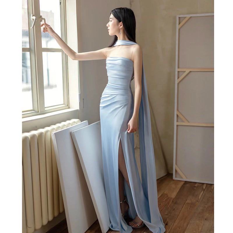 Jual Premium Silk Satin Baby Blue Wedding Dress Terusan Gaun pesta ...