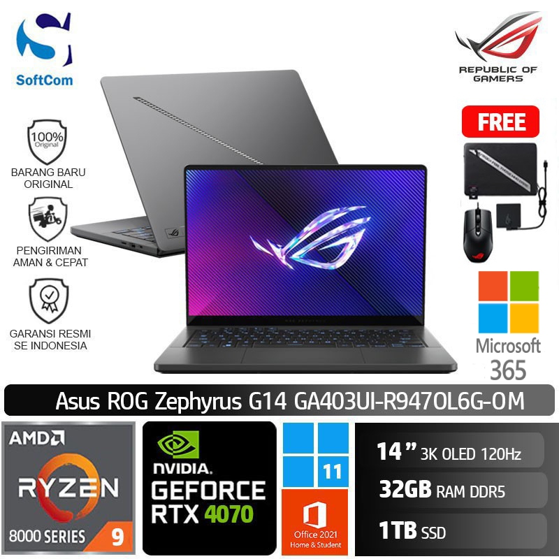 Jual Asus ROG GA403UI R947OL6G OM R9 8945HS/32GB/1TB SSD/RTX4070/14" 3K ...