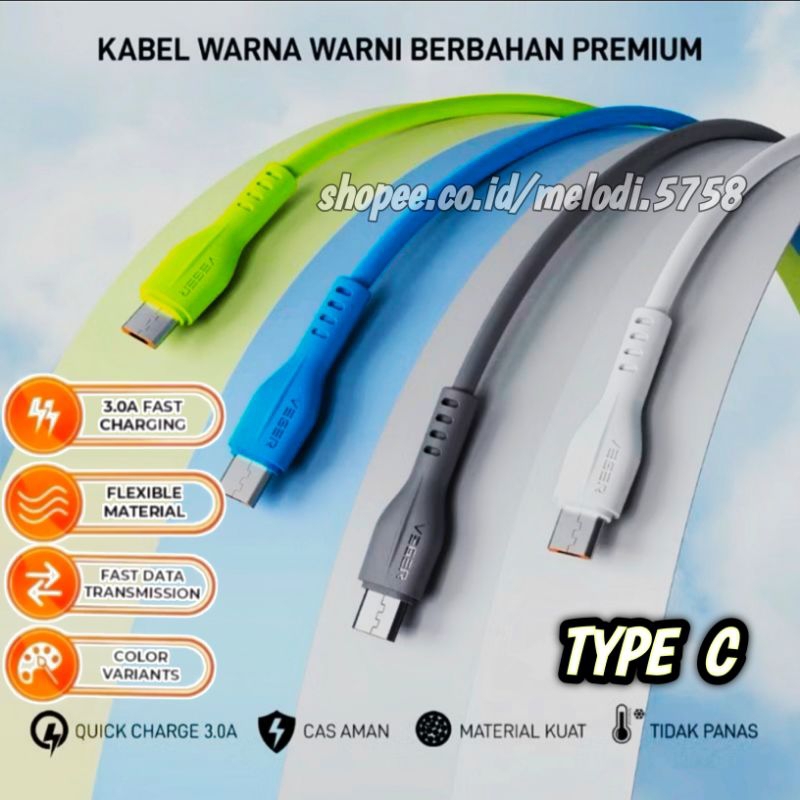Jual SHOPEE KABEL DATA TYPE C FAST CHARGING 3A COLORFUL USB CABLE TIPE ...