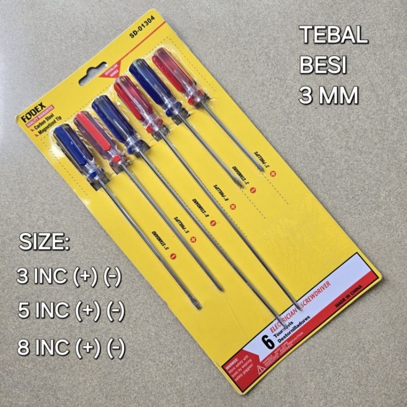 Jual Obeng Set 6 PCS ukuran 3"(+)(-), 5"(+)(-), 8"(+)(-) Tebal Besi 3 ...