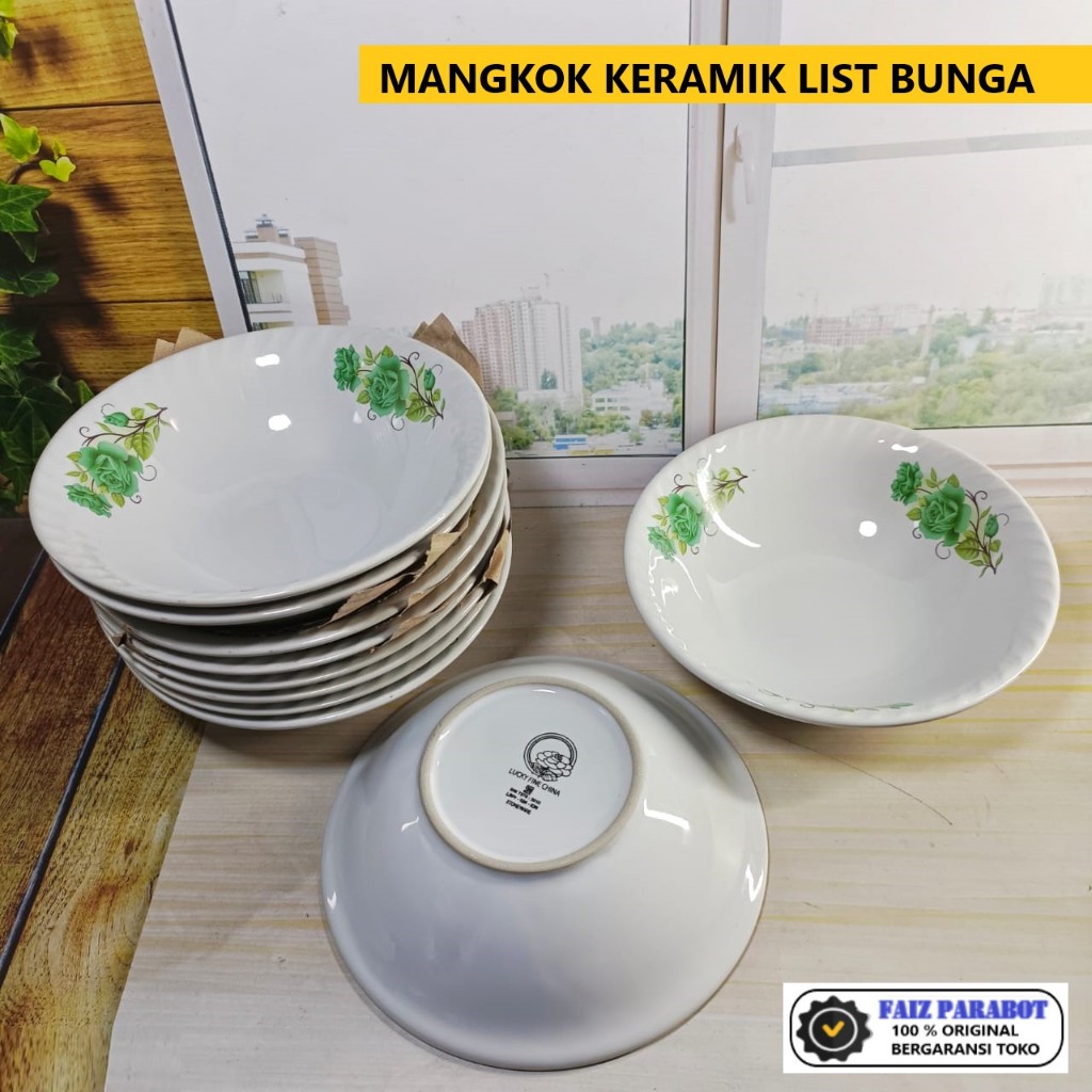 Jual Mangkok Keramik List Bunga Hijau Lucky isi 12 Pcs | Shopee Indonesia