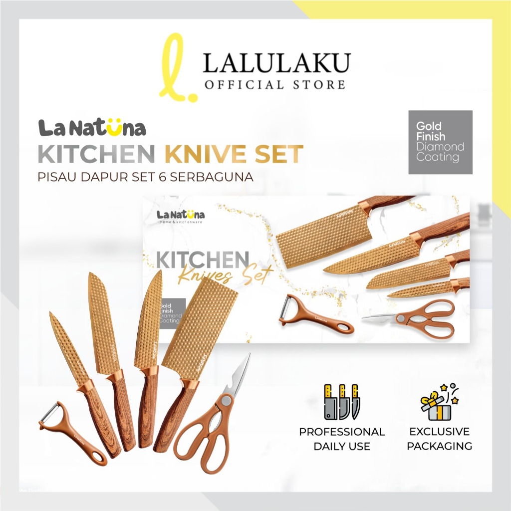 Jual La Natuna Pisau Dapur Set Gold Brown 6 in 1 Pcs Diamond Coating ...