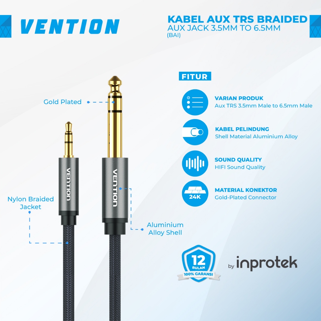 Jual Vention Kabel Audio Aux 6.5mm M To 3.5mm M with Nylon Braided | Shopee Indonesia