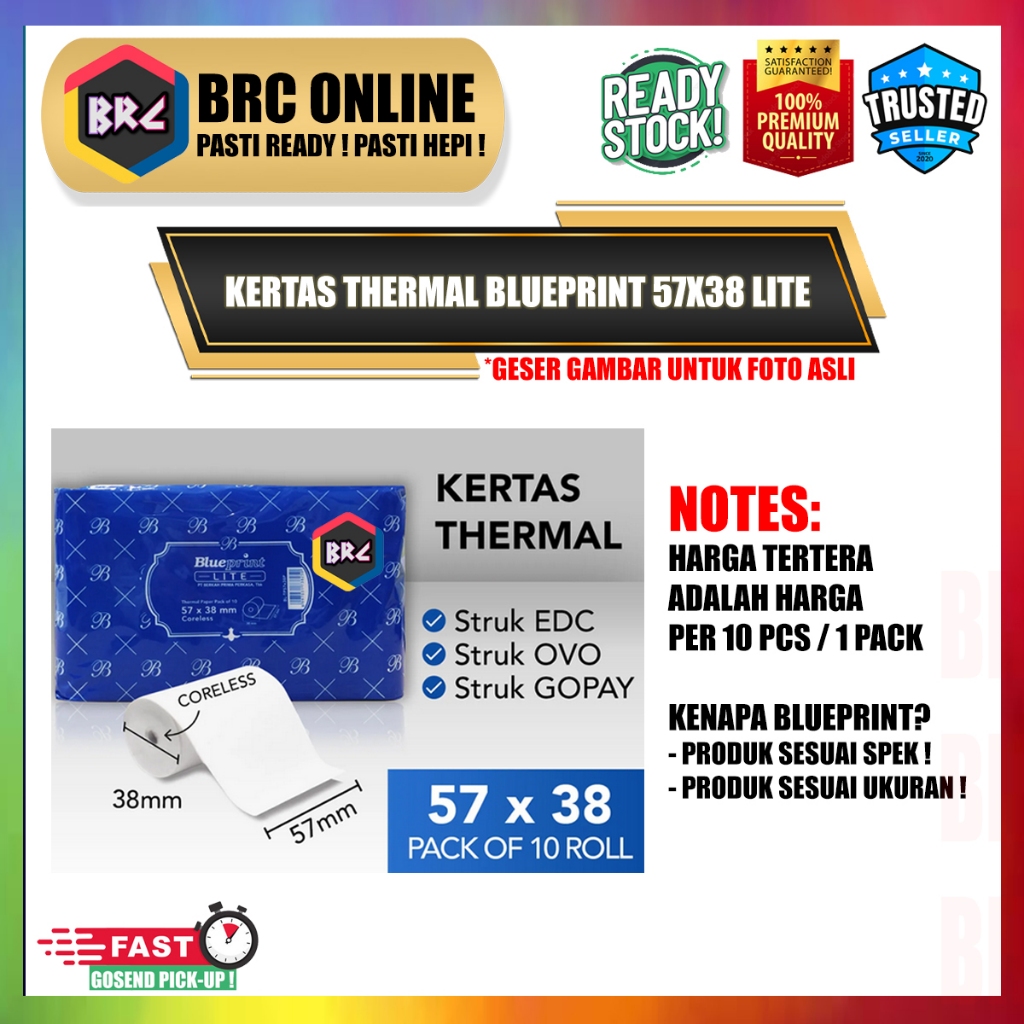 Jual [1 PACK] Kertas Thermal Kasir BLUEPRINT 57x38 (mm) Coreless / Tanpa Core Struk PPOB EDC ...
