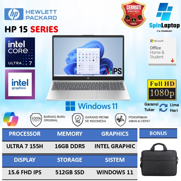 Jual Laptop HP 15 inch ULTRA 7 155H ram 16GB ssd 512GB Layar FHD IPS ...