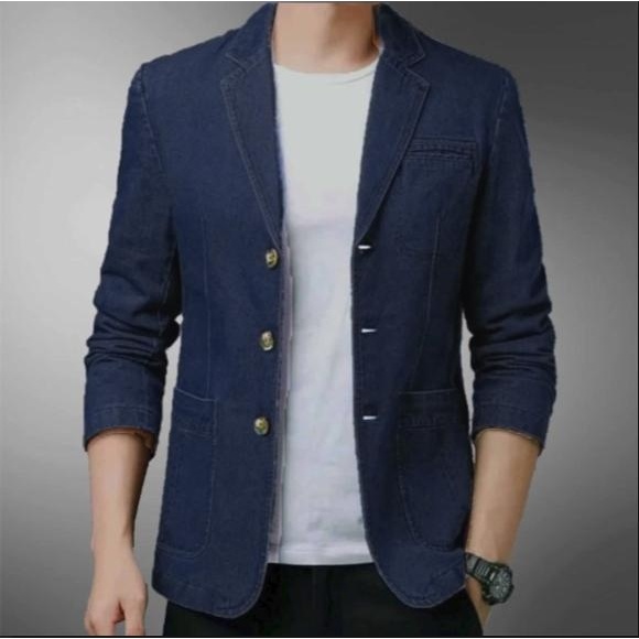 Jual jas denim austin blazer jas pria size M L XL bahan denim jeans ...