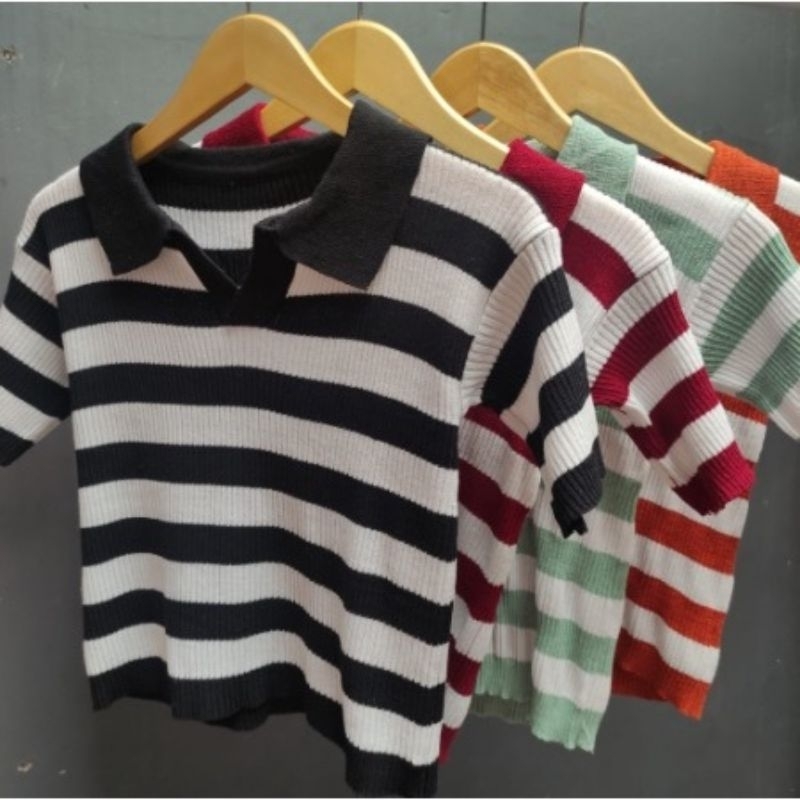 Jual NUKAKA Baju Rajut Salur Kerah Polo Crop Top Atasan Wanita | Shopee Indonesia