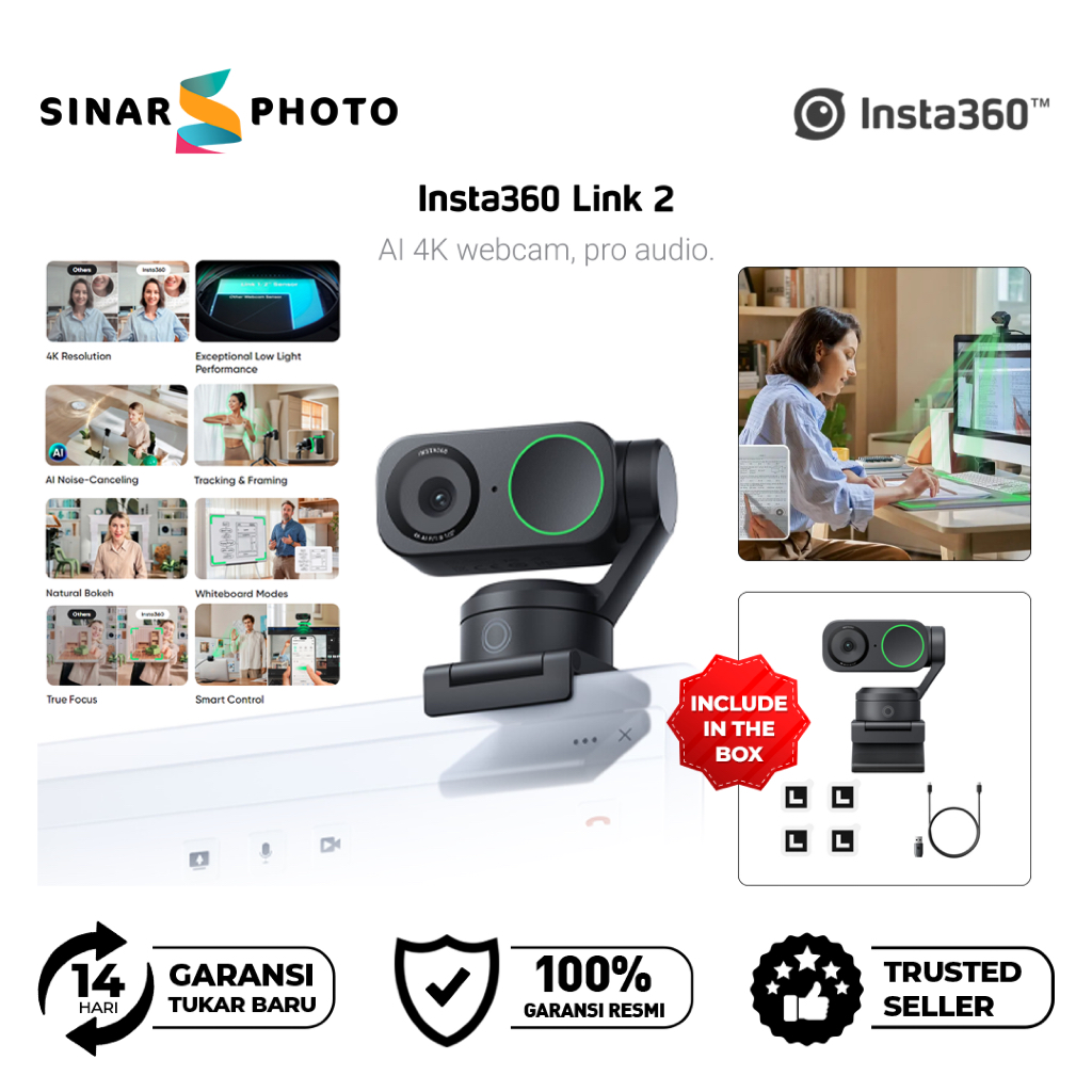 Jual Insta360 Link 2 PTZ 4K Webcam for PC/Mac, 1/2" Sensor, HDR, AI Tracking - Webcam AI Insta ...