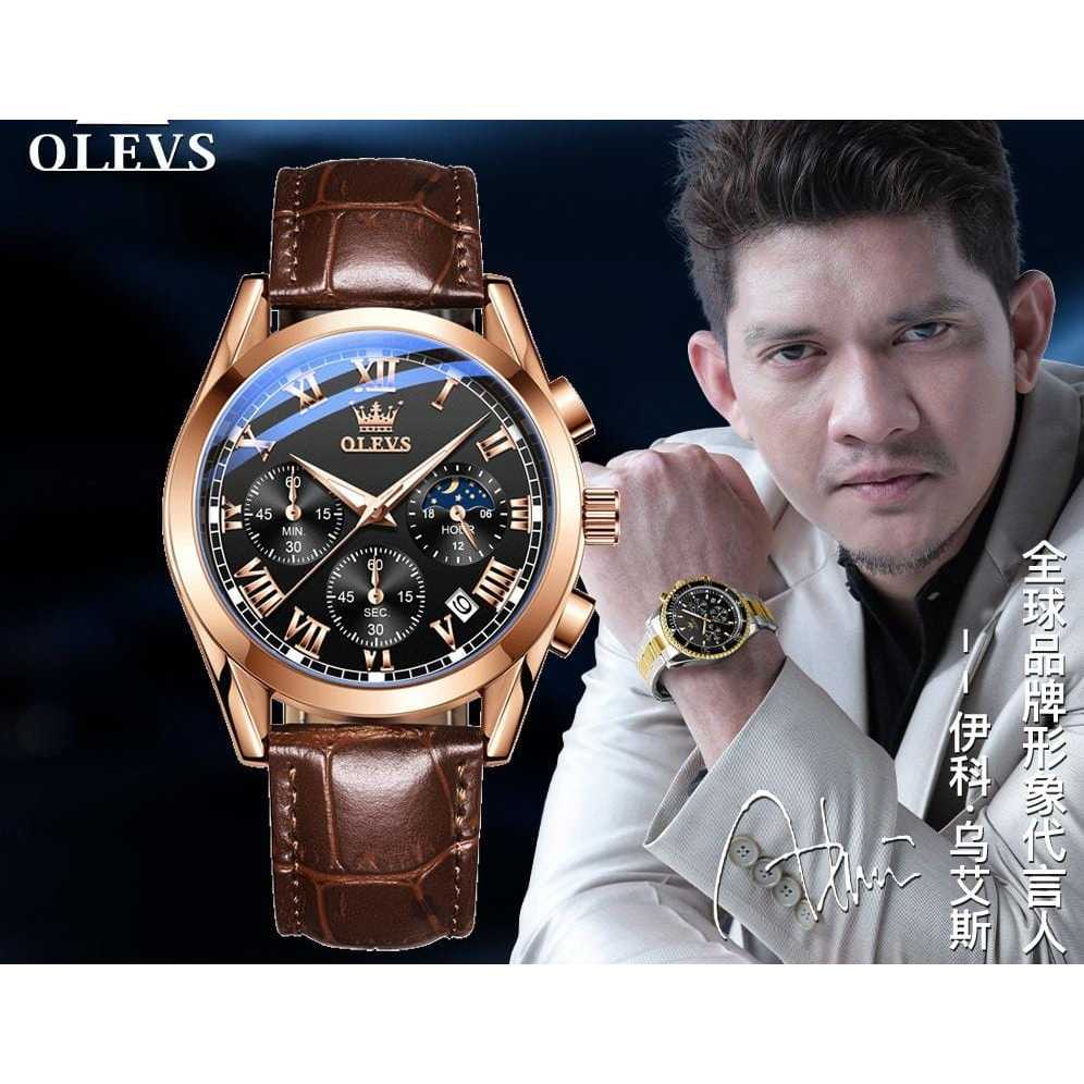 Jual OLEVS Jam Tangan Pria Original Anti Air Kulit Tahan Keren Coklat Luxry Chronograph ...