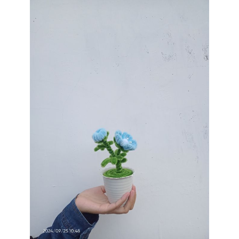 Jual Bunga Pot Kawat Bulu Premium | Peony| sky blue| cocok untuk hadiah ...