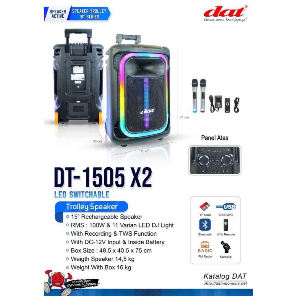 Jual Speaker Portable DAT DT-1505 X2 ECO 15 inch + Free 2 Mic Wireless ...