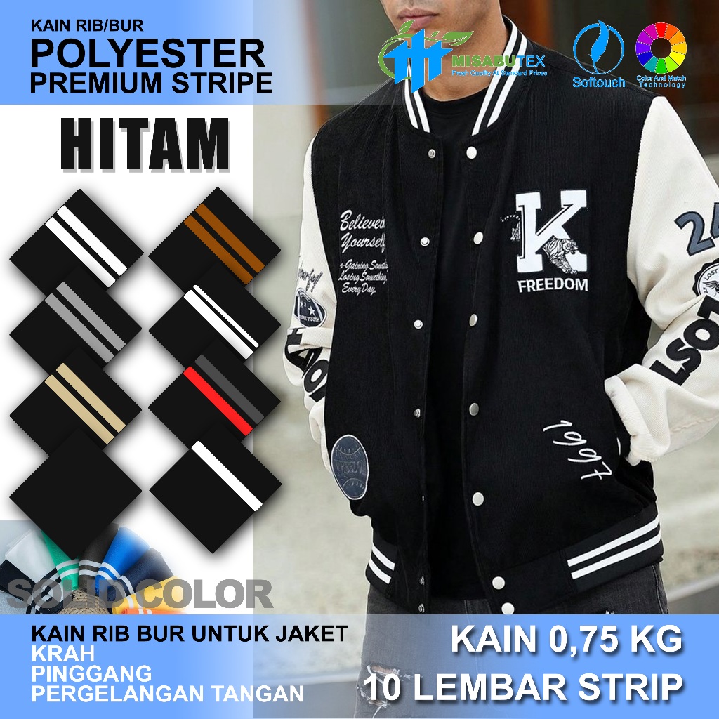 Jual Kain Rib/Bur warna dasar hitam strip polos manset jaket polyester ...