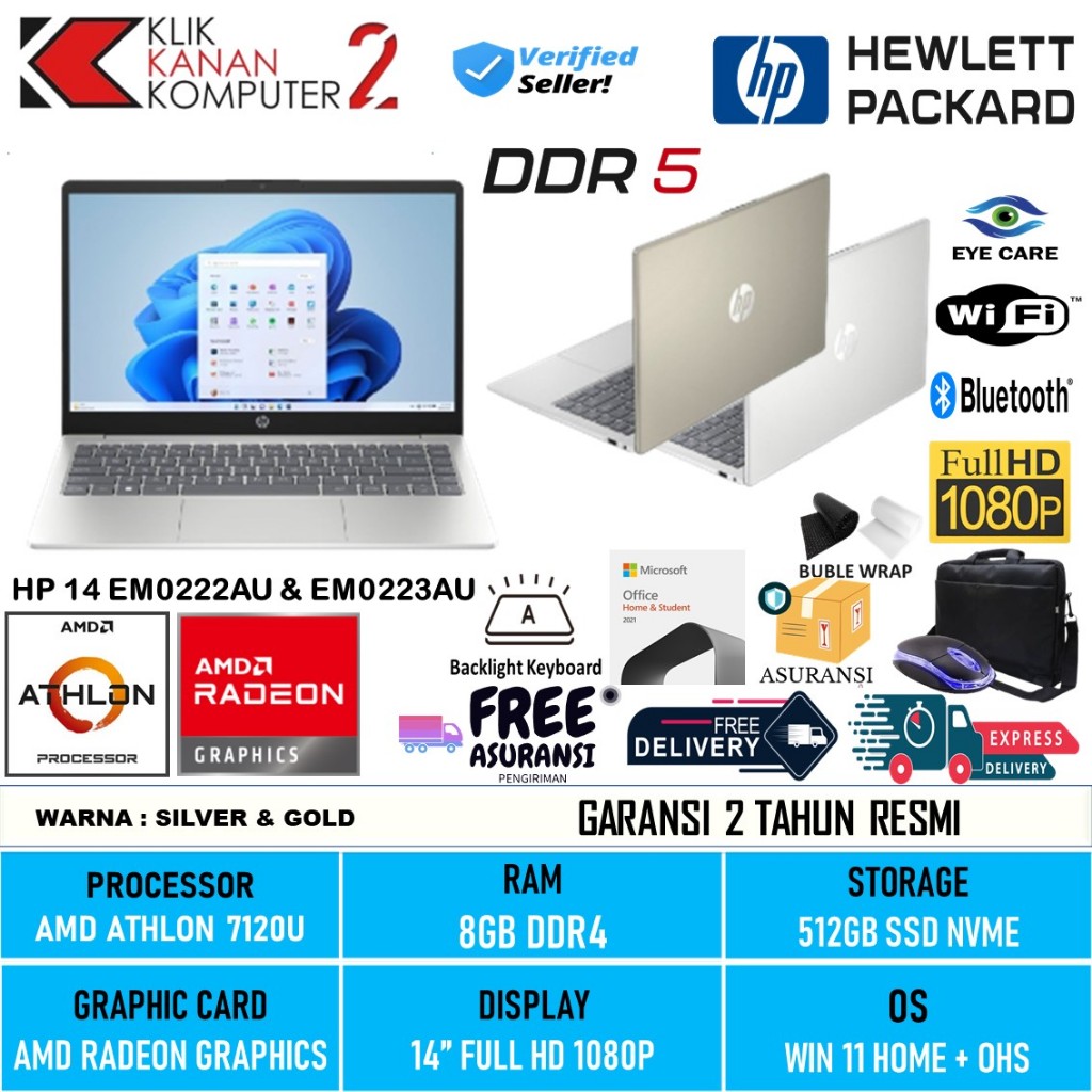 Jual TERBARU LAPTOP HP 14 EM0222AU & EM0223AU AMD ATHLON 7120U 8GB DDR5 ...